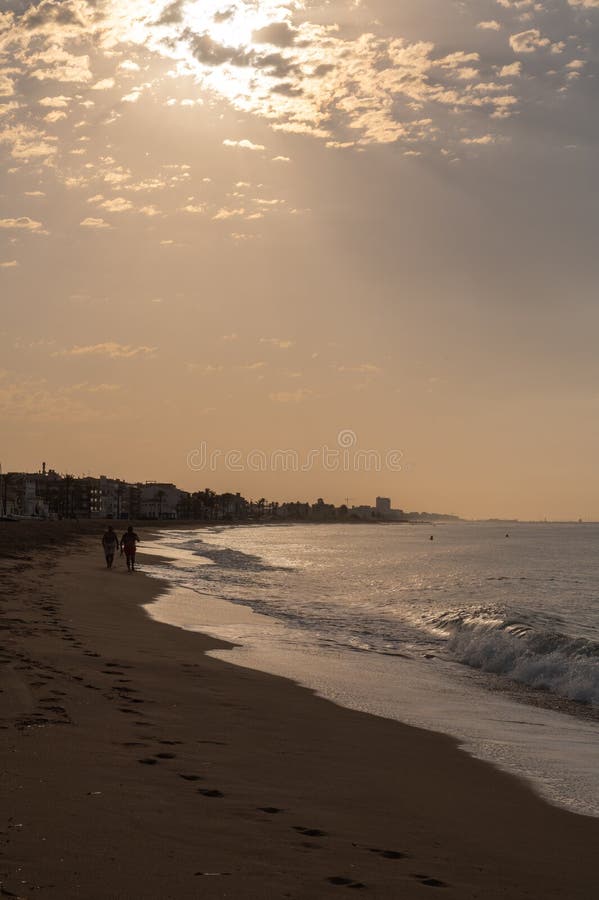 Sunset at Coma Ruga Beach in Tarragona, Spain Stock Photo - Image of ...