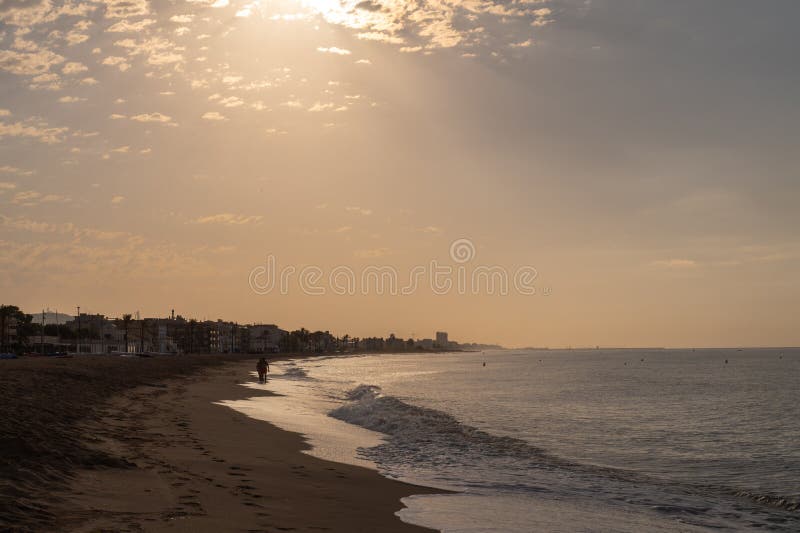 Sunset at Coma Ruga Beach in Tarragona, Spain Stock Image - Image of ...