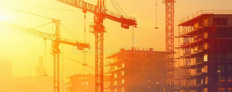 Sunset Construction Site with Multiple Cranes and Building Structures ...