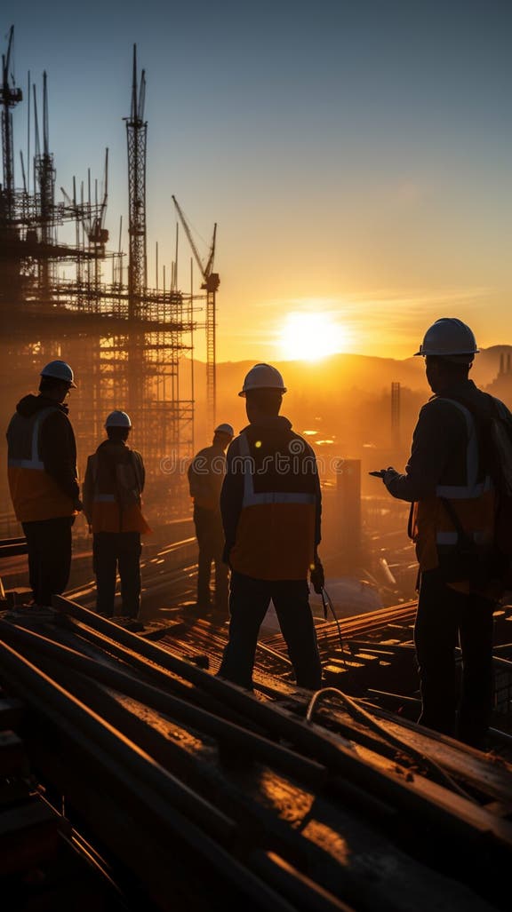 At Sunset, Construction Site Silhouettes Include Crane and Diligent ...