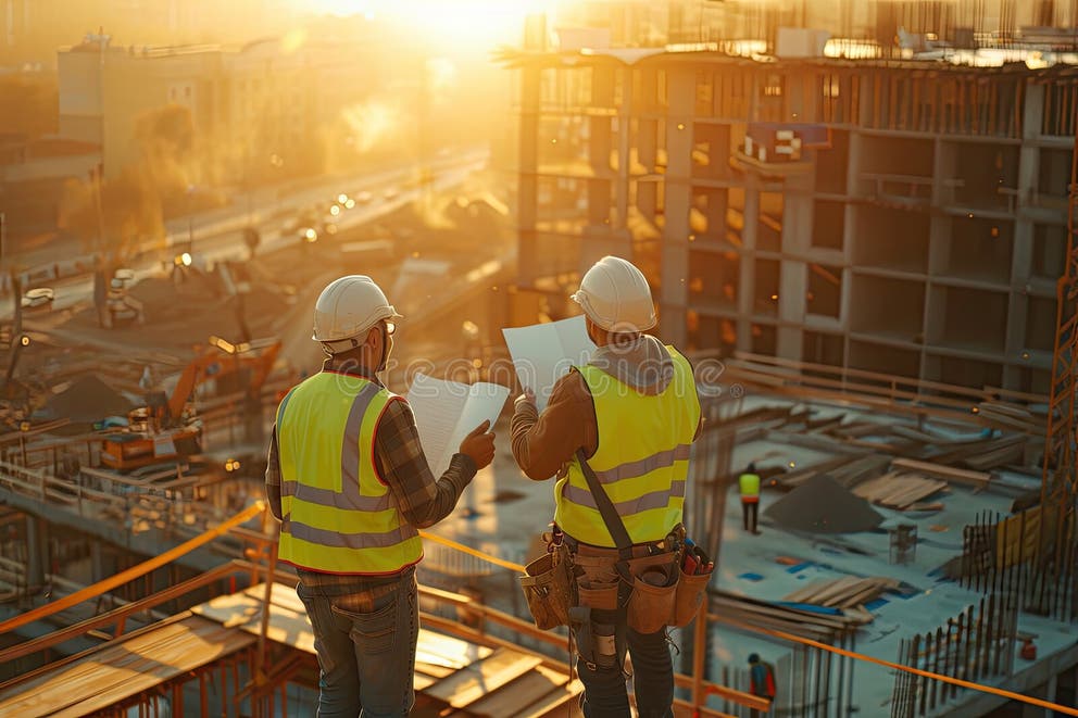 A Construction Worker Reviews a Blueprint at a Site during Sunset Stock ...