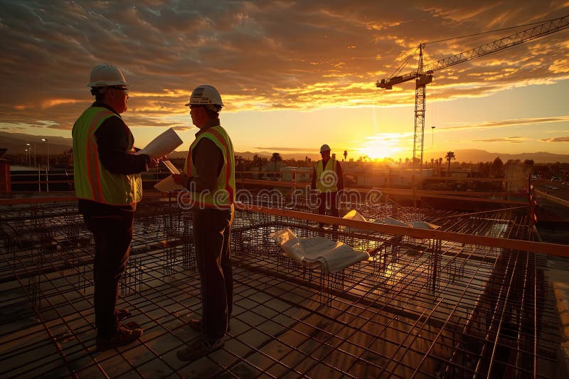 A Construction Worker Reviews a Blueprint at a Site during Sunset Stock ...