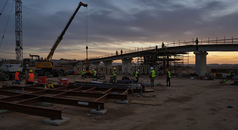 Sunset Construction Workers Building Bridge, Industrial Scene Stock ...
