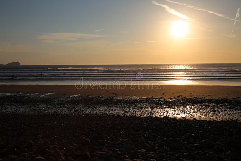 Cornish Beach at Sunset in UK Stock Image - Image of smooth, ocean ...
