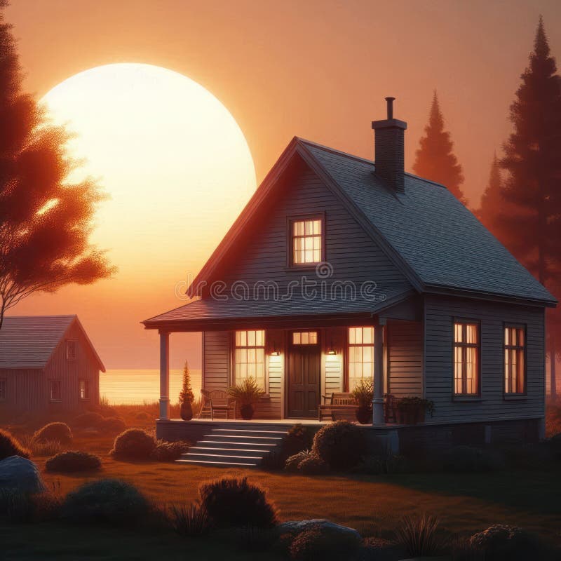 Sunset at a country house. stock photo. Image of dwelling - 332029436