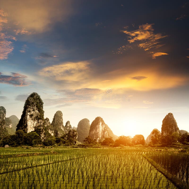 Sunset in the Countryside Landscape Stock Image - Image of china ...