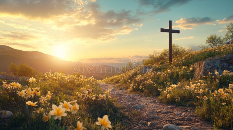 Sunset Cross Hillside Daffodils Path Peaceful Stock Illustration ...