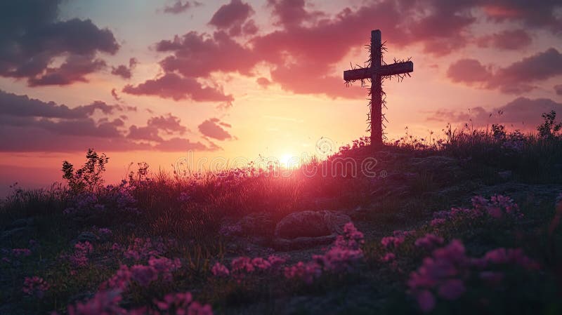 Sunset Cross on Hilltop with Wildflowers Stock Photo - Image of ...