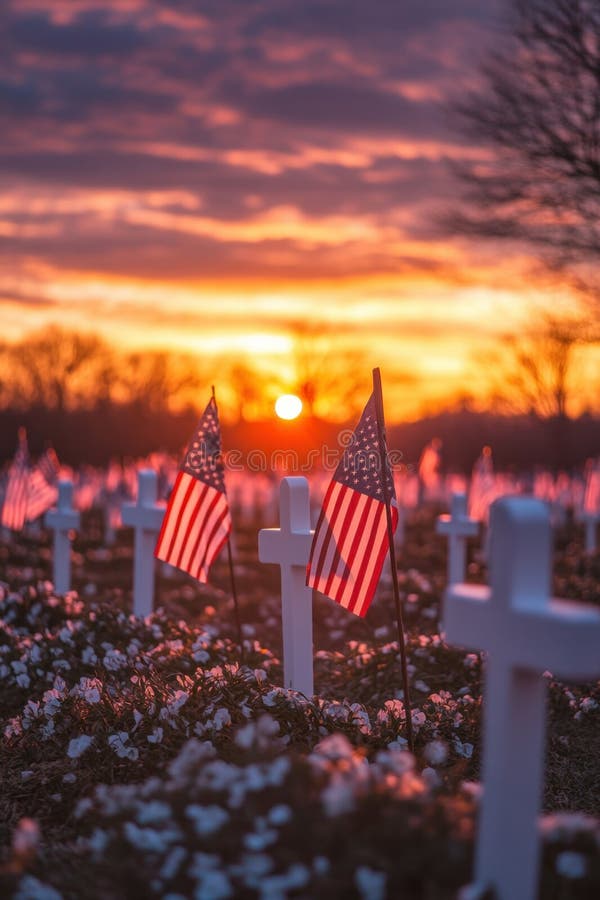 Sunset Crosses Tribute, a Field of White Crosses and American Flags is ...