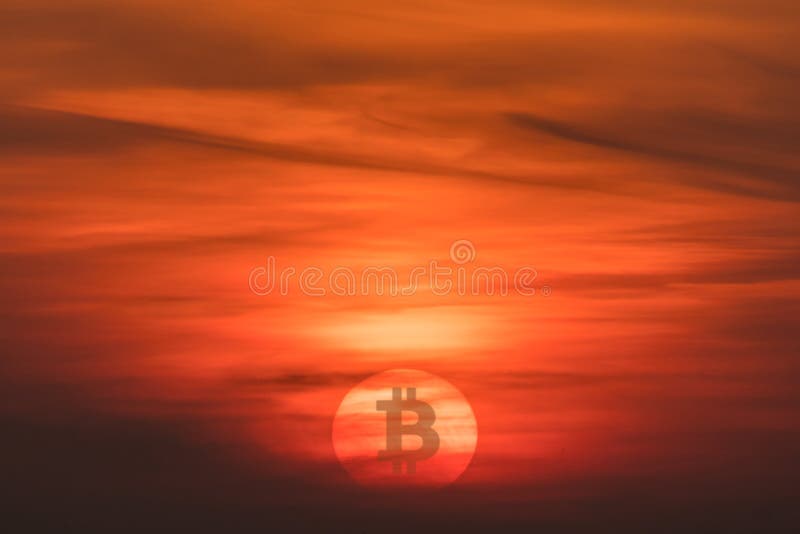 Sunset with Crypto Currency Bitcoin Symbol on the Sun. Falling Currency ...