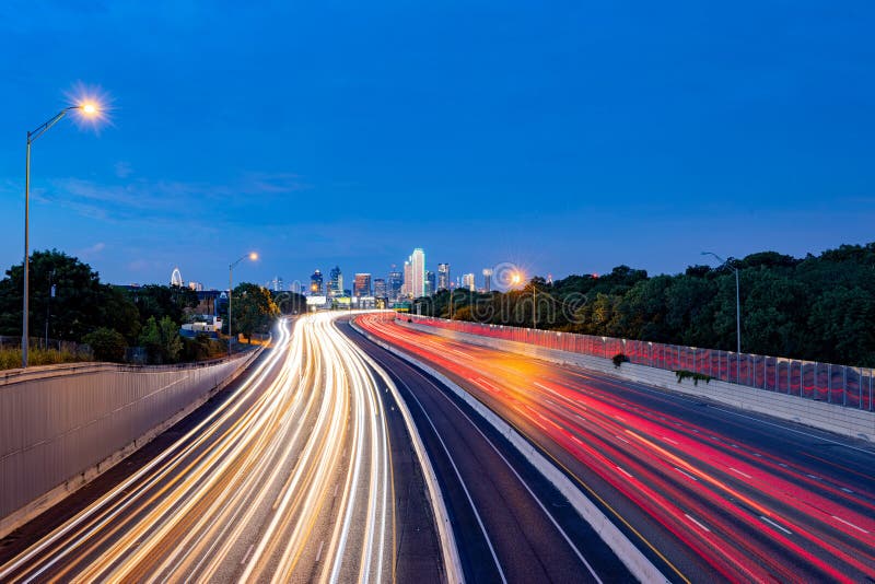 Sunset Dallas Skyline with Highway Stock Photo - Image of evening ...