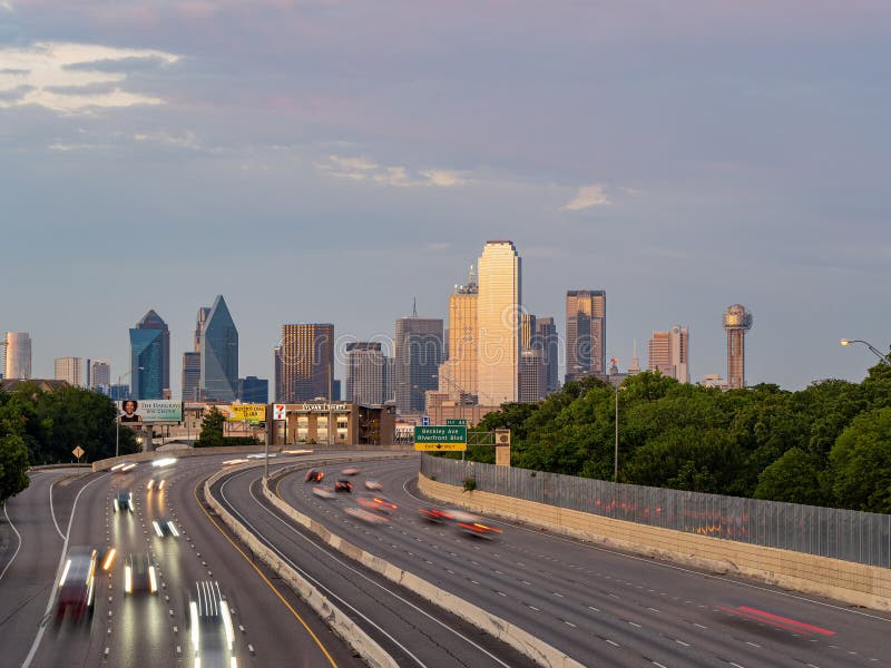 Sunset Dallas Skyline with Highway Editorial Image - Image of evening ...
