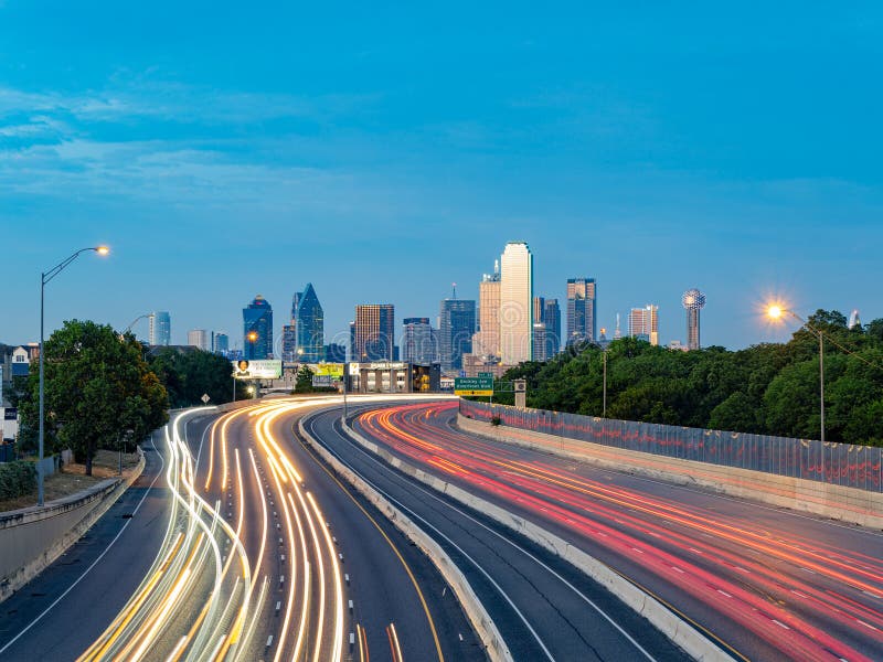Sunset Dallas Skyline with Highway Editorial Image - Image of vehicle ...