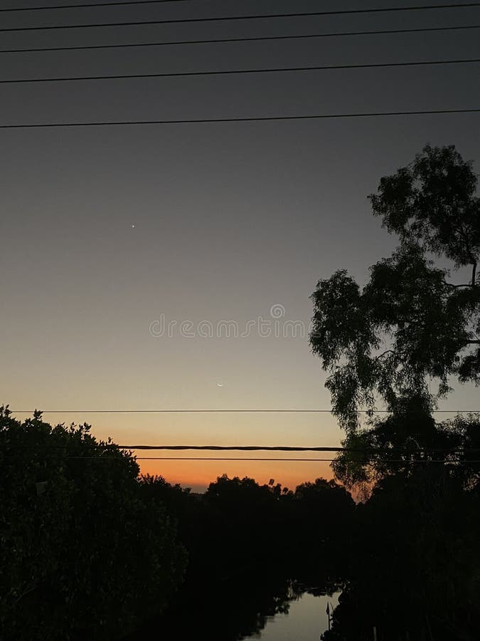 Sunset Dark Trees Scenery Cable Water River Calm Stock Photo - Image of ...