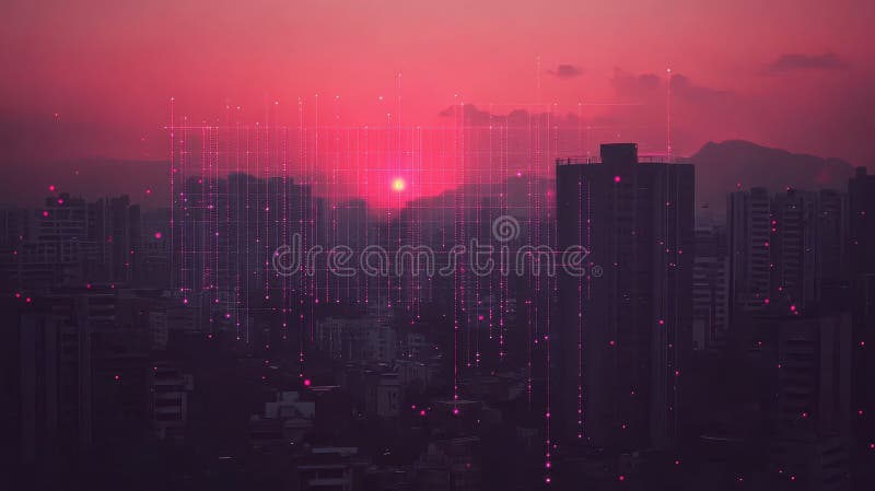 Sunset Data Stream Urban Network Overlay and Futuristic Aesthetics in ...