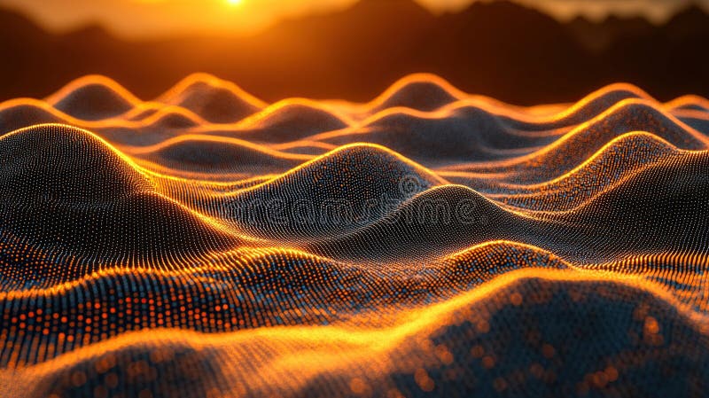 Sunset Data Waves Landscape Digital Hills at Golden Hour, Background ...