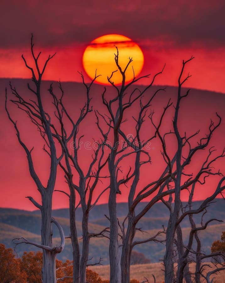 A Sunset with Dead Trees in the Foreground and a Red Backdrop for the ...