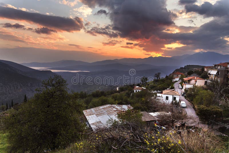 Sunset in Delphi, Greece stock image. Image of lake, visible - 88983209