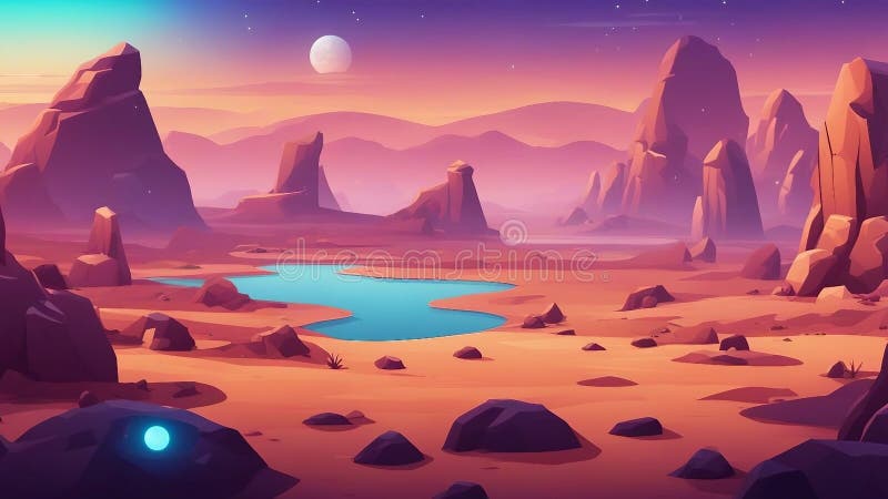 Sunset in the Desert Alien Planet Landscape . Vector Cartoon Fantasy ...