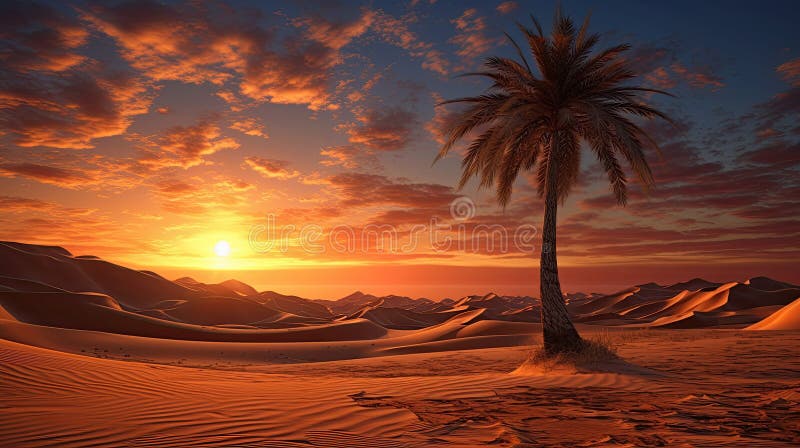 Sunset in the Desert. Horizontal Illustration with Alone Palm Tree and ...