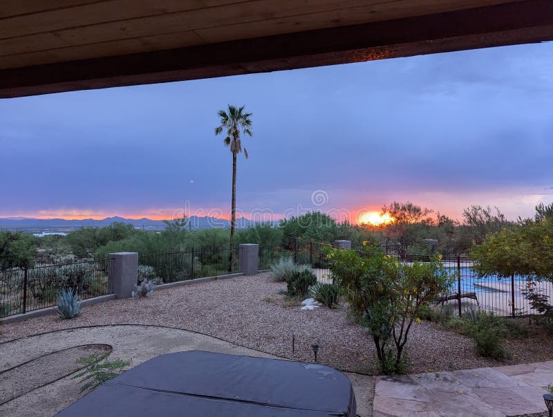 Sunset in the Desert with Nice Backyard Pool Stock Photo - Image of ...