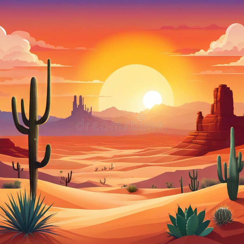 Sunset Desert Panoramic View with Mountains and Cactus in Flat Cartoon ...