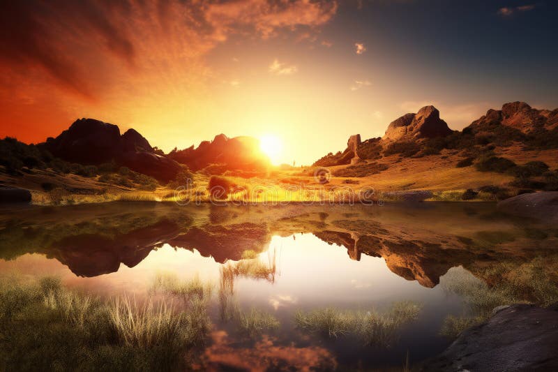 Sunset in the Desert with Reflection in Water Stock Illustration ...