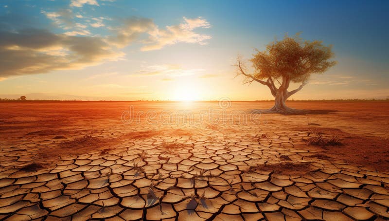 Sunset in the Desert with a Solitary Tree on Drought-cracked Earth ...