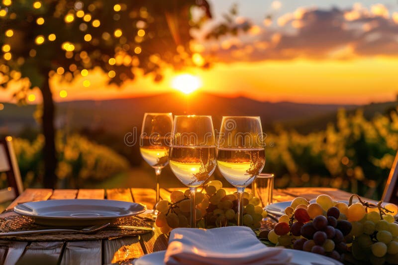 Sunset Dining Setup with Wine Glasses in a Vineyard Stock Photo - Image ...