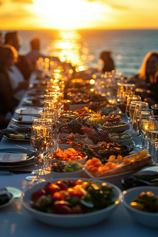 Sunset Dinner by the Ocean with Diverse Group Enjoying a Lavish Feast ...