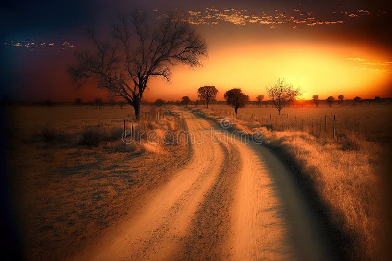Sunset on a Dirt Road with Color Toning Stock Illustration ...
