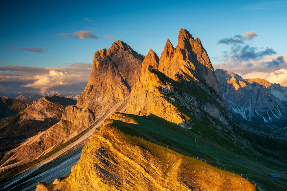 Sunset in Dolomite Mountains on Seceda Mountain, Italy Stock Image ...