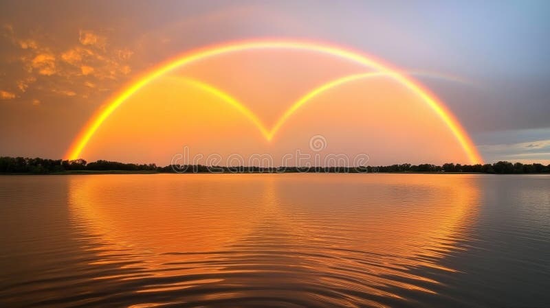 Sunset Double Rainbow Reflected in Calm Lake Water Stock Photo - Image ...