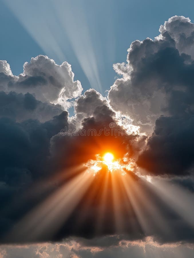 Sunset with Dramatic Clouds and Sun Rays Breaking through. Stock Image - Image of rays, serene ...