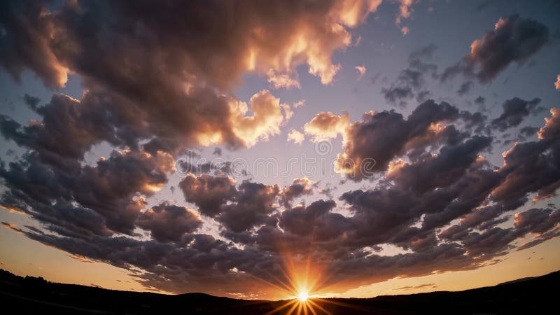Sunset with Dramatic Clouds and Sun Rays Over Horizon, Landscape ...