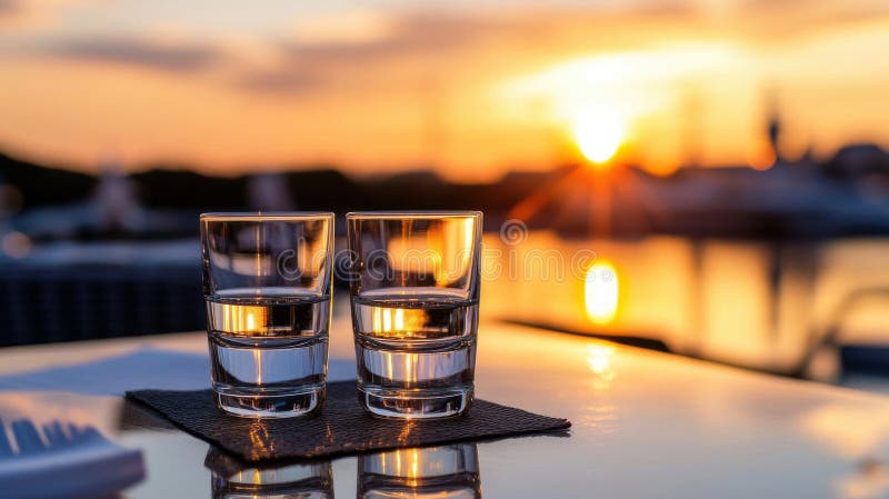 Sunset Drinks, Two Glasses of Water at Golden Hour Stock Illustration ...