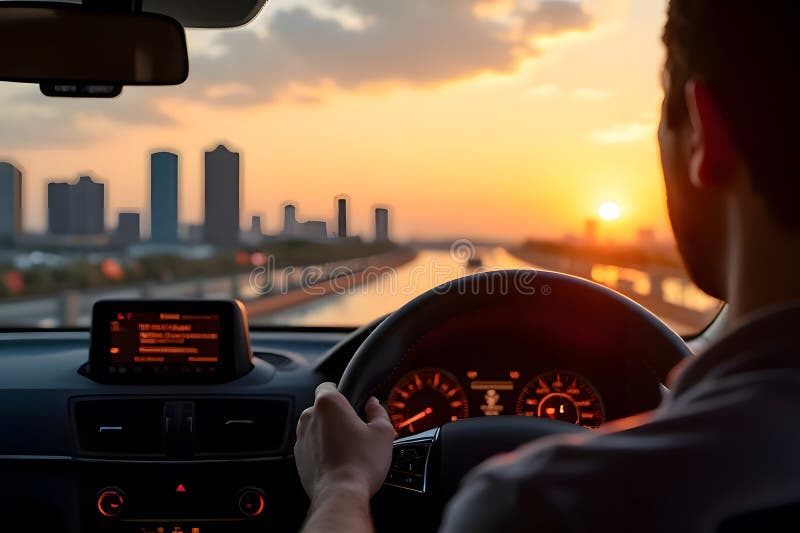 Sunset Drive in Car on the Expressway Stock Illustration - Illustration ...