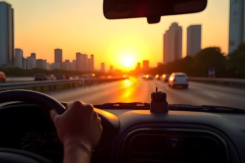 Sunset Drive in Car on the Expressway Stock Illustration - Illustration ...