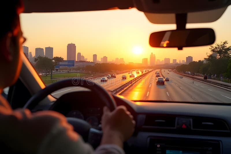 Sunset Drive in Car on the Expressway Stock Illustration - Illustration ...