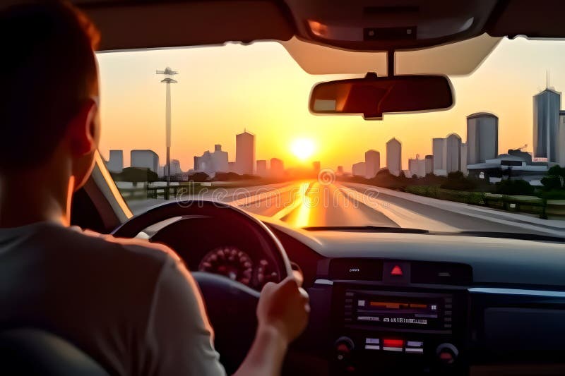 Sunset Drive in Car on the Expressway Stock Illustration - Illustration ...