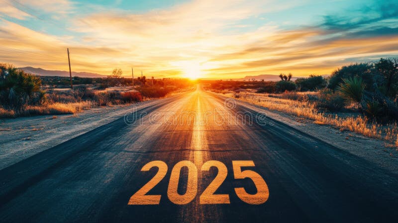 Sunset Drive on an Empty Desert Road Leading into 2025 Year Theme Stock ...
