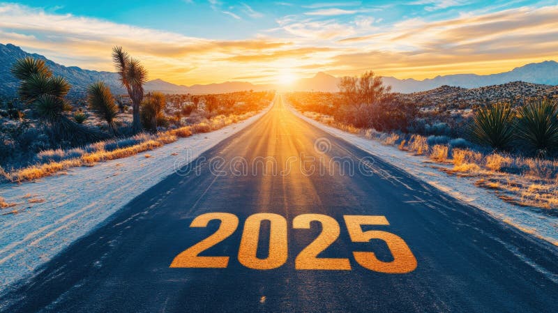 Sunset Drive on an Empty Desert Road Leading into 2025 Year Theme Stock ...