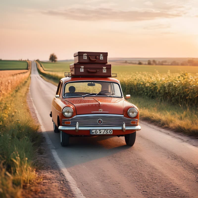 Sunset Drive: Retro Car Journey through Countryside Bliss Stock Photo ...