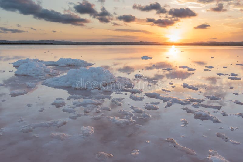 Sunset in the almost Dry Salt Flat of Torrevieja Stock Photo - Image of ...