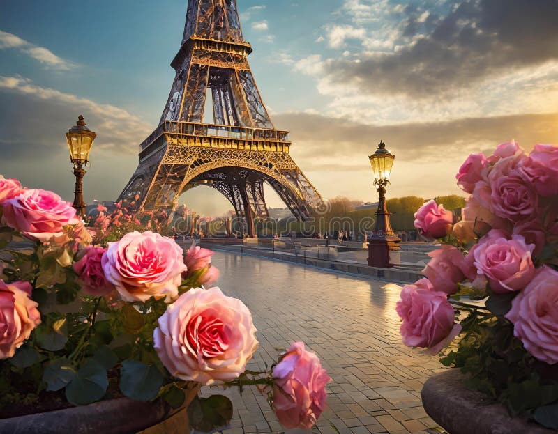 Sunset at the Eiffel Tower with Blooming Roses Stock Illustration ...