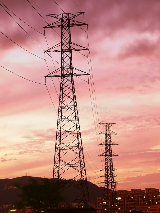 Sunset and electric towers stock photo. Image of blue - 12007208
