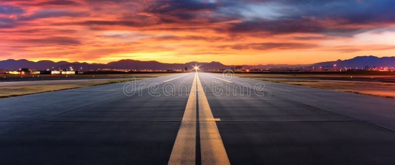 Sunset on an Empty Airport Runway Stock Illustration - Illustration of ...