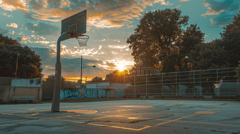 Sunset at an Empty Basketball Court Stock Illustration - Illustration ...