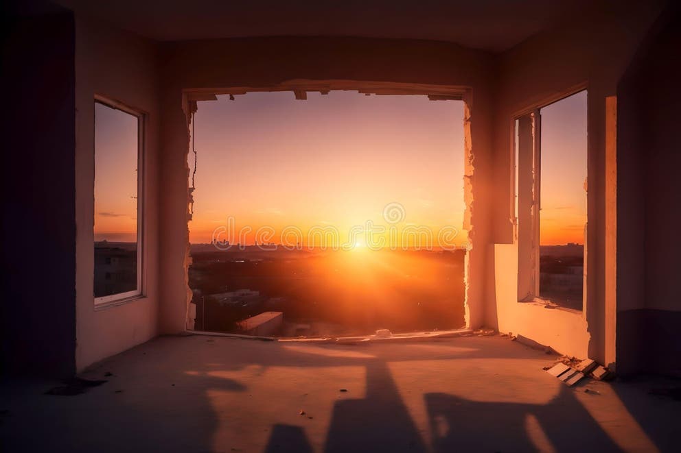 Sunset in Empty Broken Room with Window and Sunlight. Stock ...