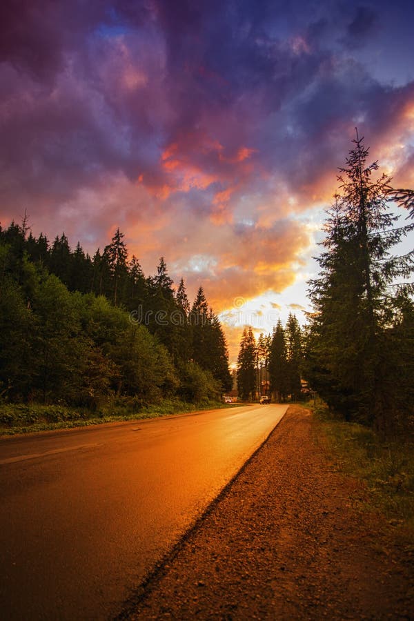 Sunset on an Empty Mountain Highway Surrounded by Forest Stock Photo ...